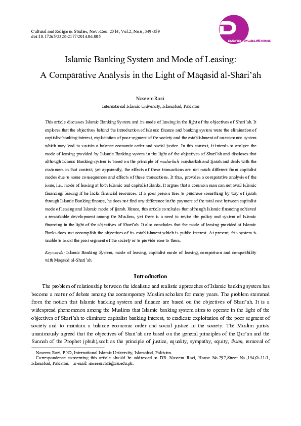 (PDF) Islamic Banking System and Mode of Leasing: A Comparative Analysis in the Light of Maqasid ...