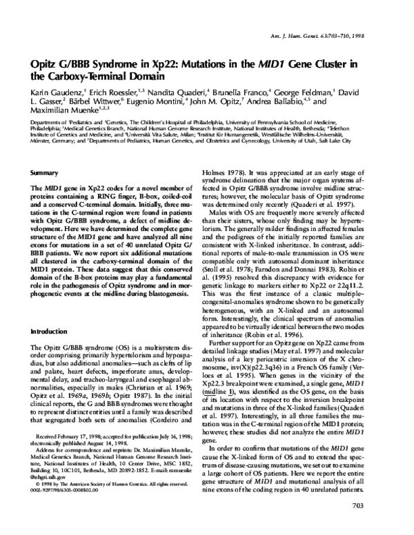 (PDF) Opitz G/BBB Syndrome in Xp22: Mutations in the MID1 Gene Cluster ...