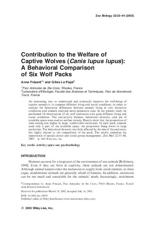 (PDF) Contribution to the welfare of captive wolves (Canis lupus lupus ...