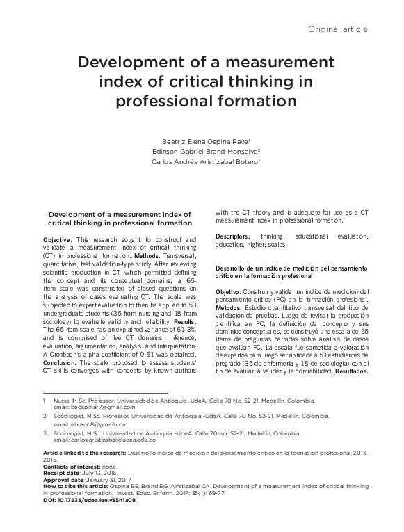 (PDF) Development of a measurement index of critical thinking in ...