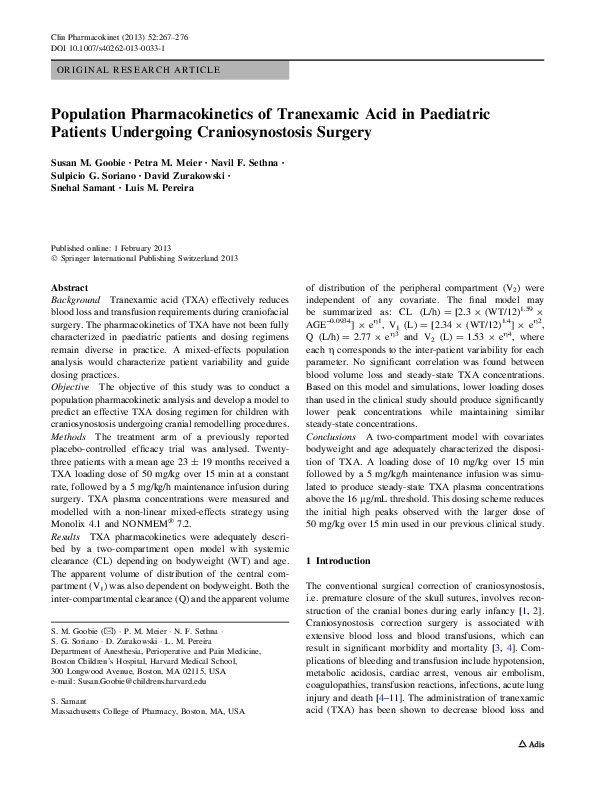 (PDF) Population Pharmacokinetics of Tranexamic Acid in Paediatric ...