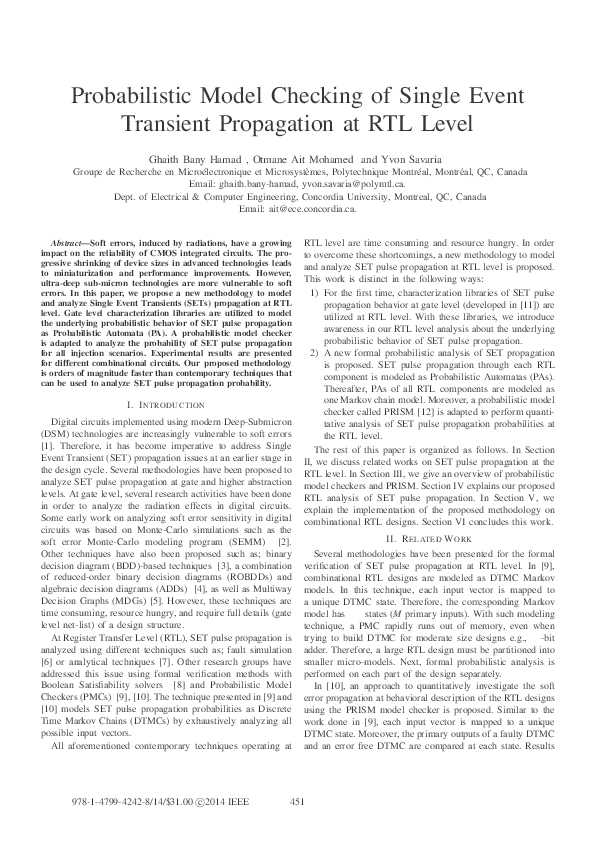 (PDF) Probabilistic Model Checking of Single Event Transient Propagation at RTL Level