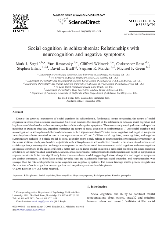 (PDF) Social cognition in schizophrenia: Relationships with neurocognition and negative symptoms