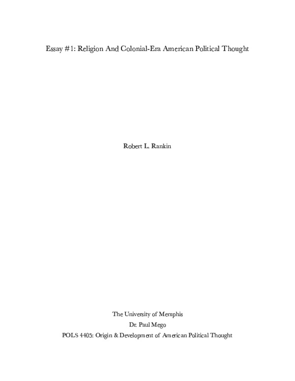 (PDF) Essay #1: Religion And Colonial-Era American Political Thought