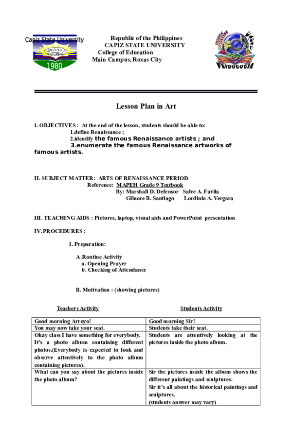 (DOC) Republic of the Philippines Lesson Plan in Art