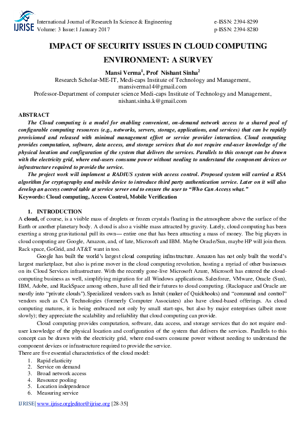 (PDF) IMPACT OF SECURITY ISSUES IN CLOUD COMPUTING ENVIRONMENT: A SURVEY