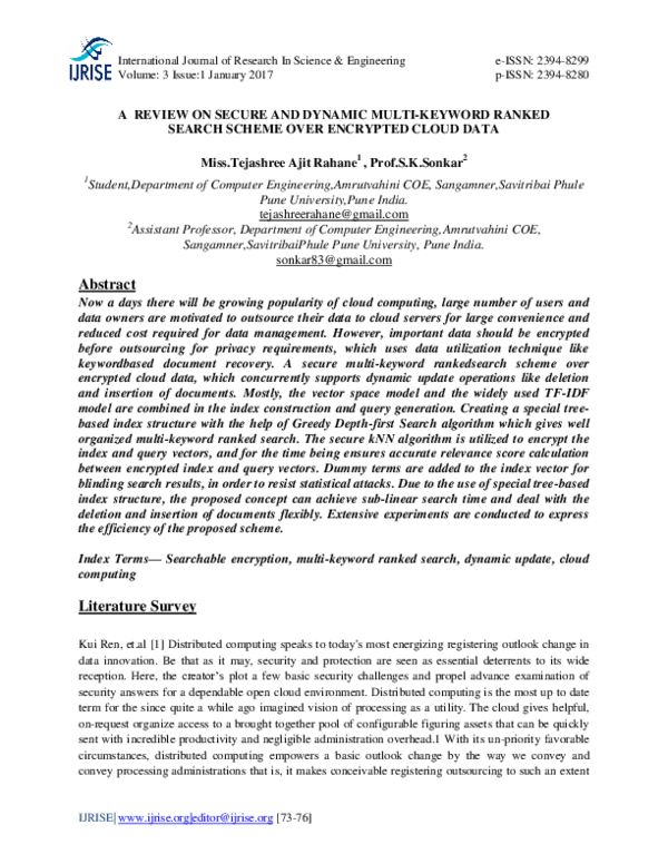 Pdf A Review On Secure And Dynamic Multi Keyword Ranked Search Scheme Over Encrypted Cloud Data