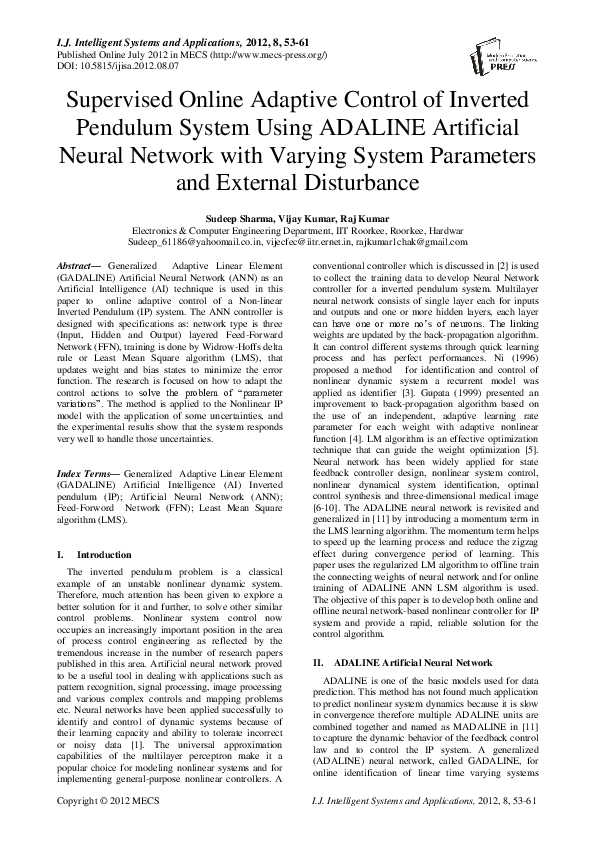 (PDF) Supervised Online Adaptive Control of Inverted Pendulum System Using ADALINE Artificial ...