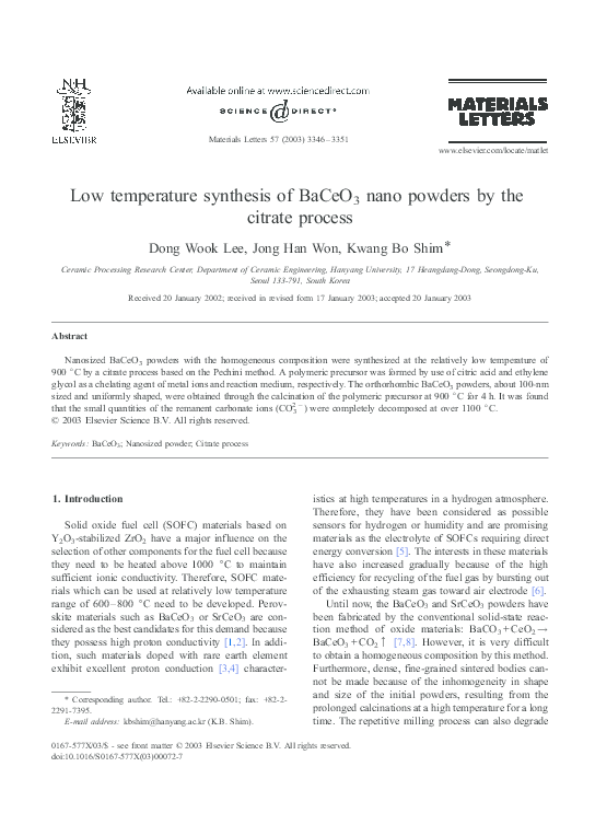 (PDF) Low temperature synthesis of BaCeO 3 nano powders by the citrate ...