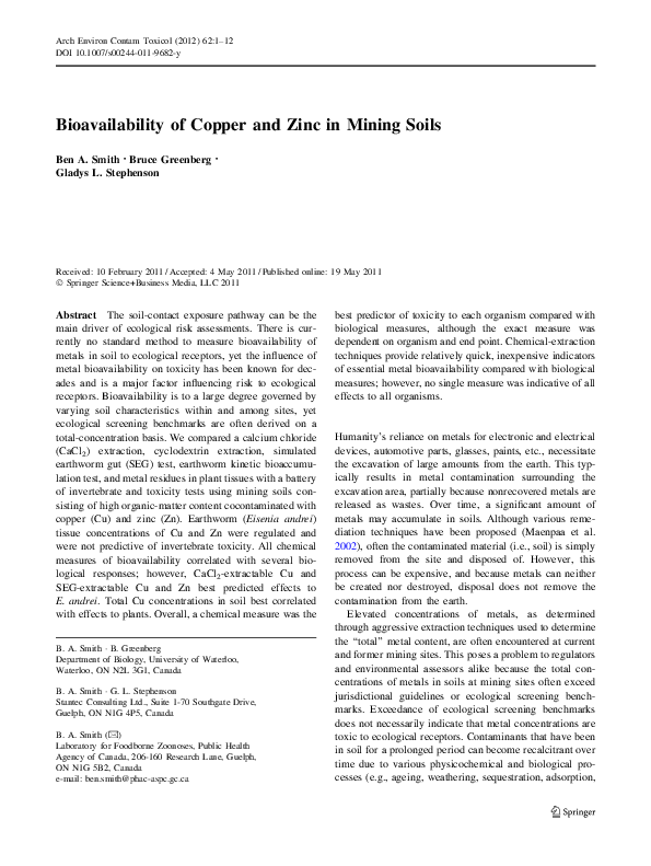 (PDF) Bioavailability of Copper and Zinc in Mining Soils