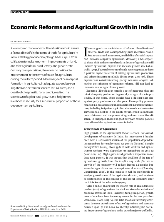 (PDF) Economic Reforms and Agricultural Growth in India