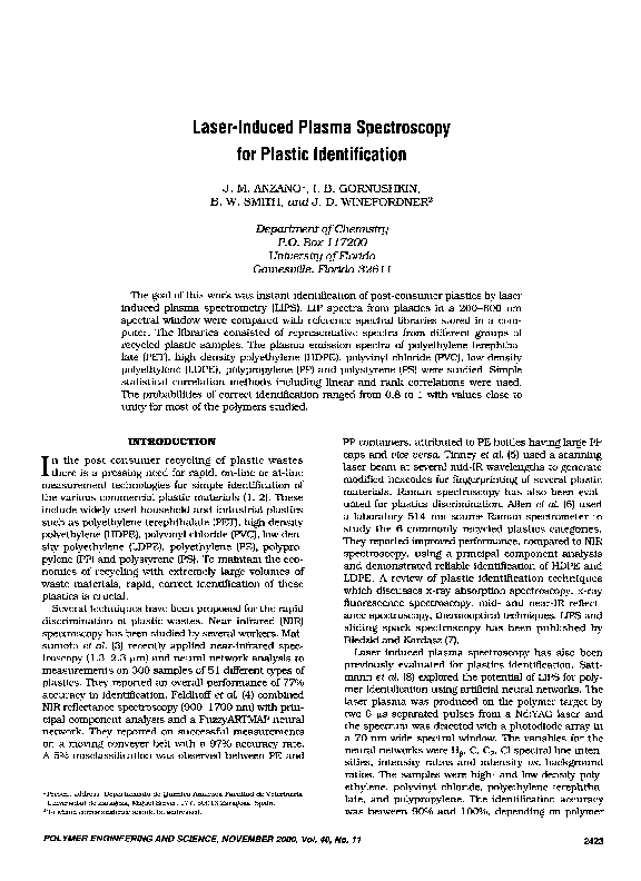 (PDF) Laser-induced plasma spectroscopy for plastic identification