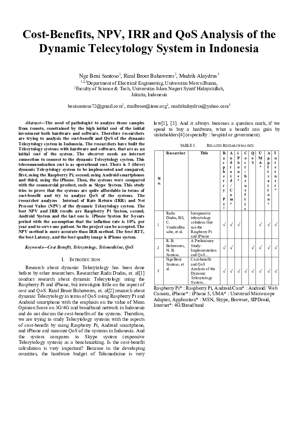 (PDF) Cost-Benefits, NPV, IRR and QoS Analysis of the Dynamic Telecytology System in Indonesia