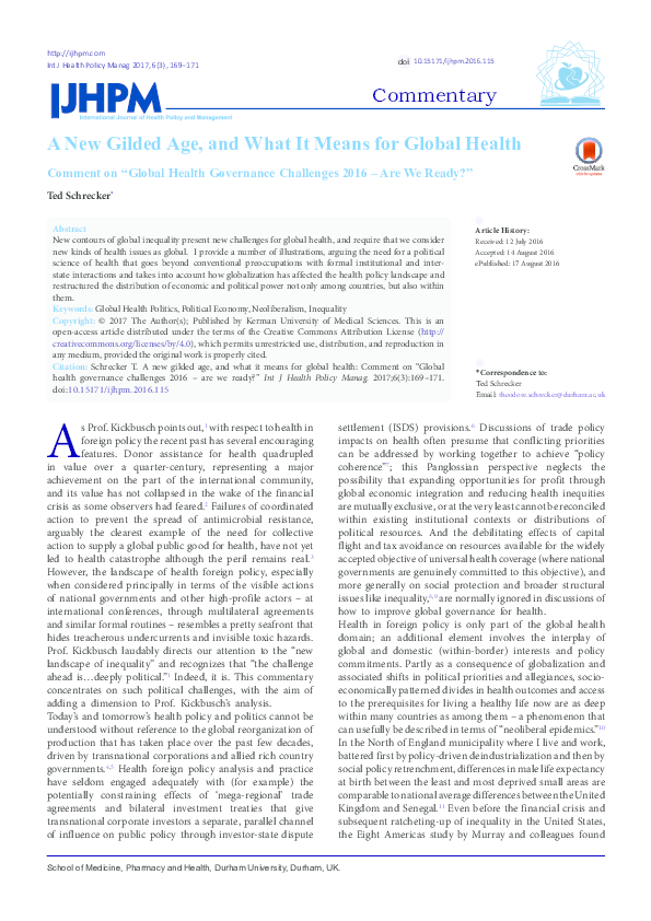 (PDF) A New Gilded Age, and What It Means for Global Health; Comment on ...