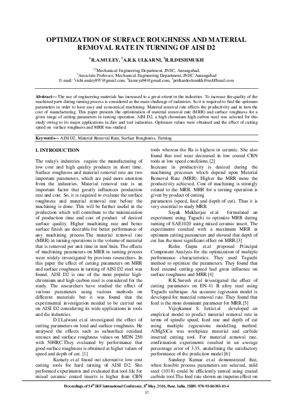 Pdf Optimization Of Surface Roughness And Material Removal Rate In Turning Of Aisi D2