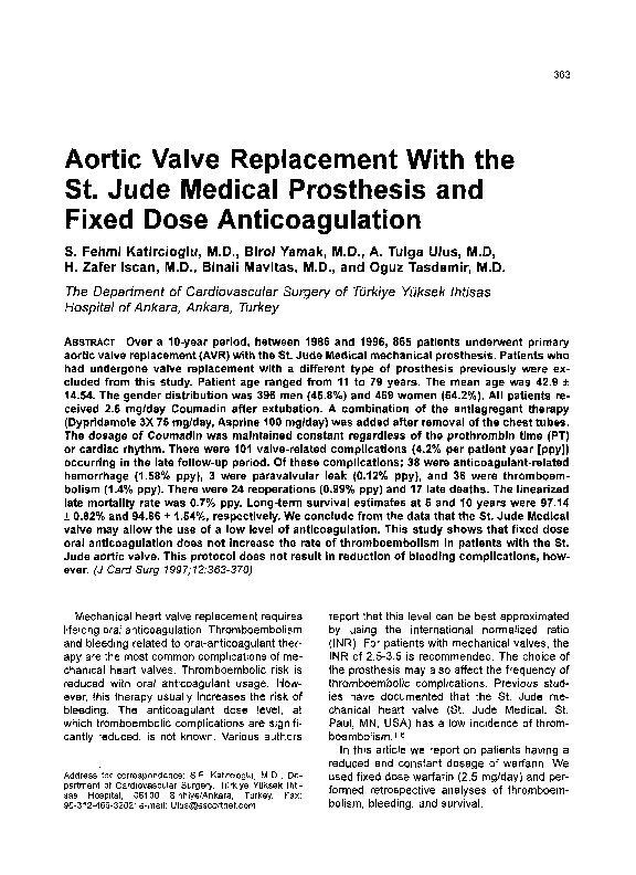 (PDF) Aortic Valve Replacement With the St. Jude Medical Prosthesis and ...