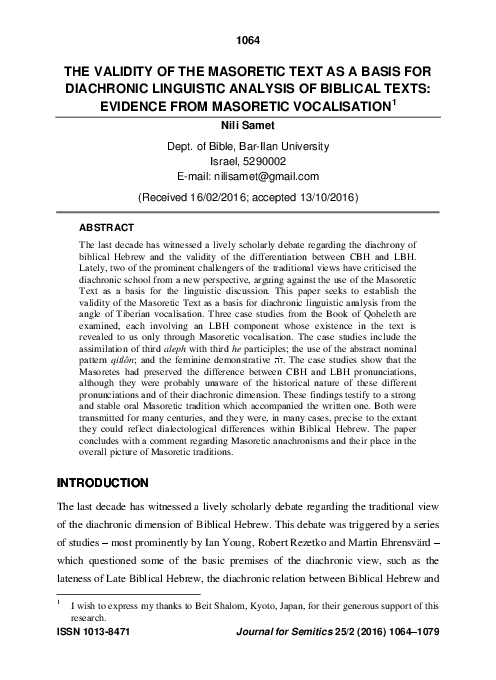 (PDF) THE VALIDITY OF THE MASORETIC TEXT AS A BASIS FOR DIACHRONIC ...