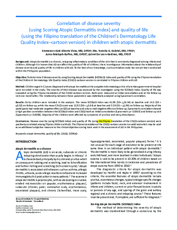 (PDF) Correlation of disease severity (using Scoring Atopic Dermatitis ...