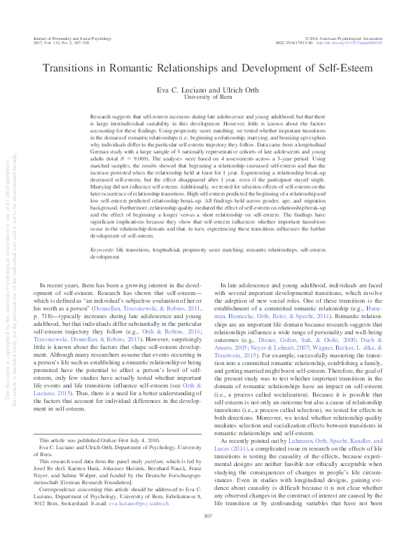 (PDF) Transitions in romantic relationships and development of self-esteem
