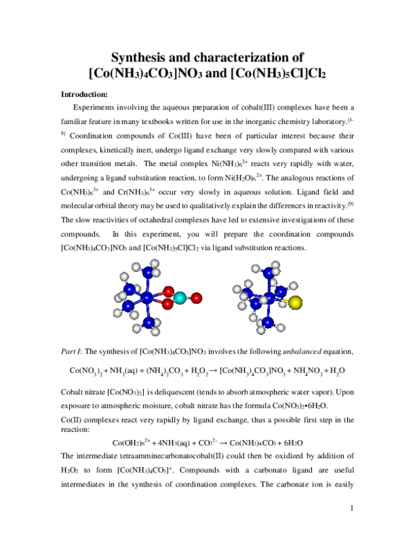 (PDF) Synthesis and characterization of [Co(NH 3 ) 4 CO 3 ]NO 3 and [Co(NH 3 ) 5 Cl]Cl 2 ...