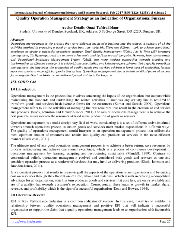 (PDF) Quality Operation Management Strategy as an Indication of ...