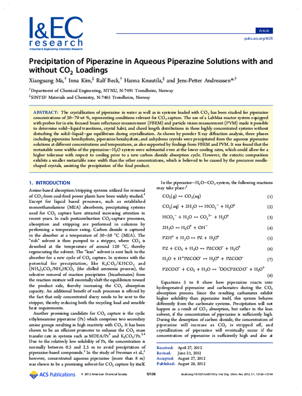 (PDF) Precipitation of Piperazine in Aqueous Piperazine Solutions with ...