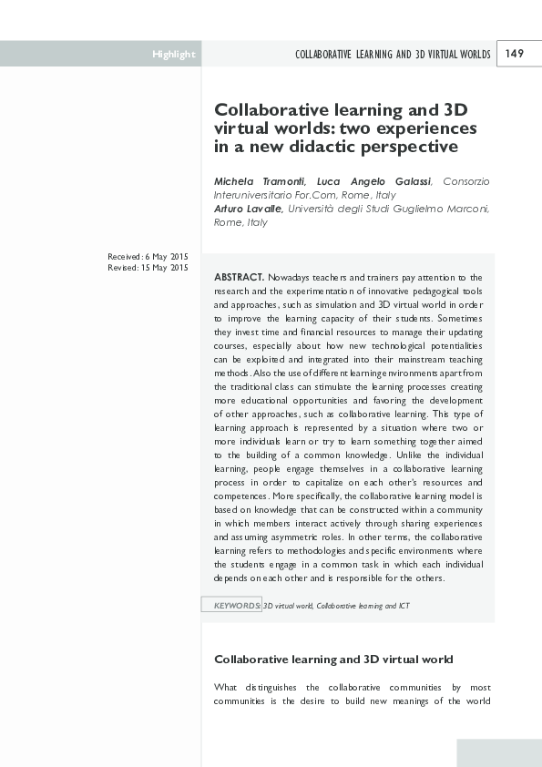 (PDF) Collaborative learning and 3D virtual worlds: two experiences in ...