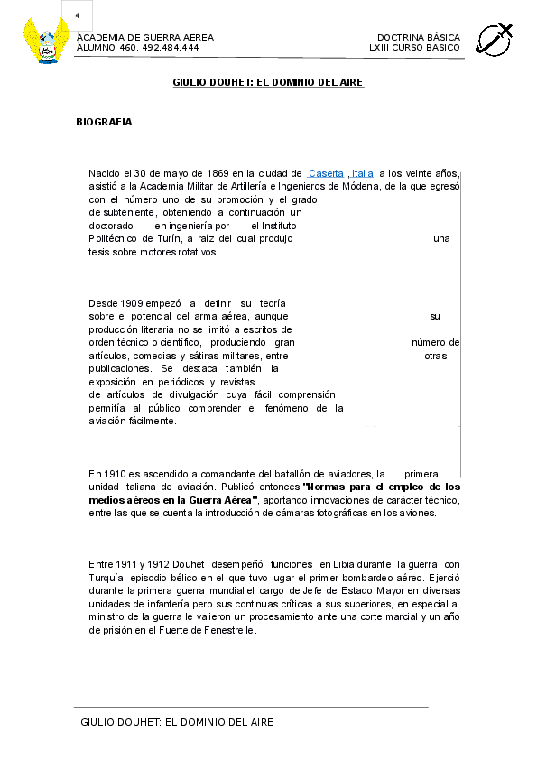 (DOC) GIULIO DOUHET: EL DOMINIO DEL AIRE BIOGRAFIA