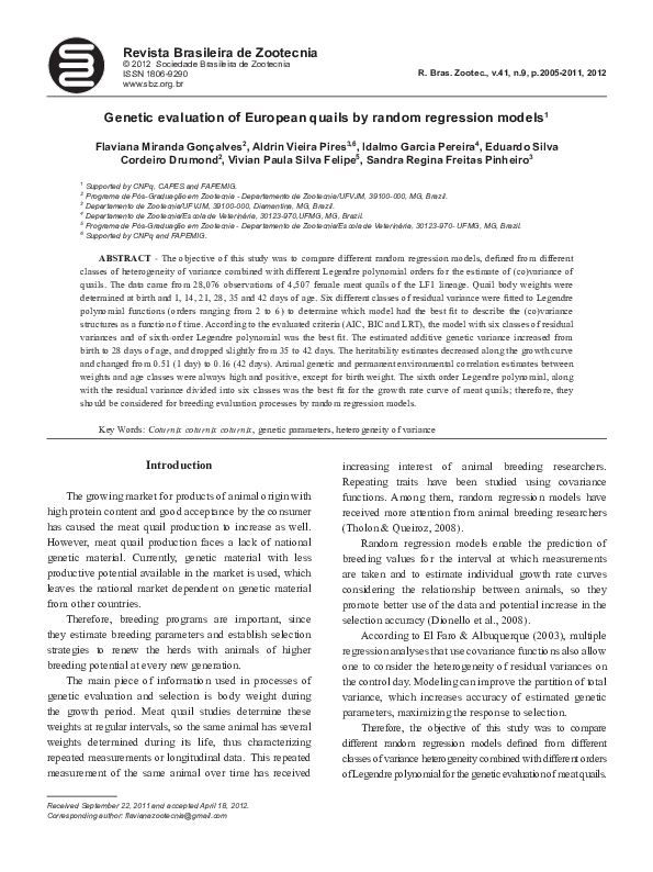 (PDF) Genetic evaluation of European quails by random regression models