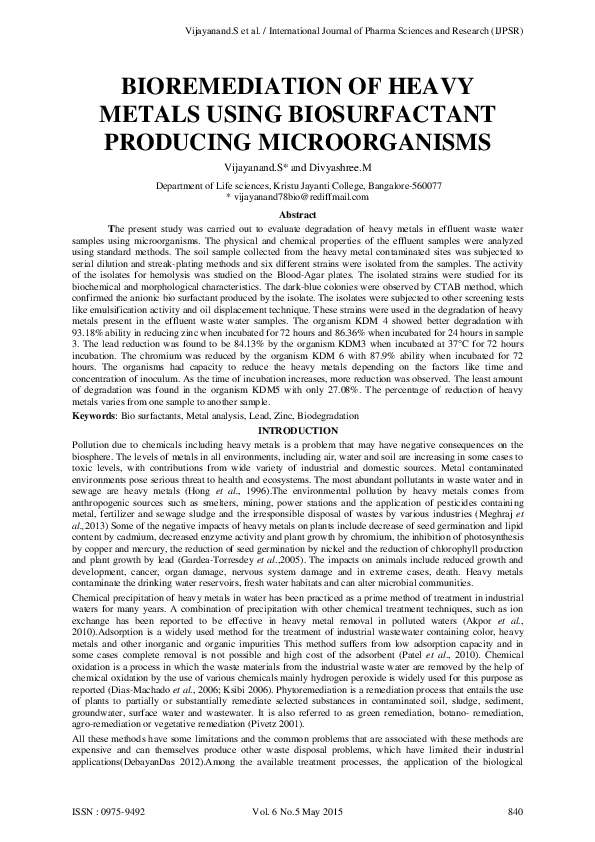 (PDF) BIOREMEDIATION OF HEAVY METALS USING BIOSURFACTANT PRODUCING ...