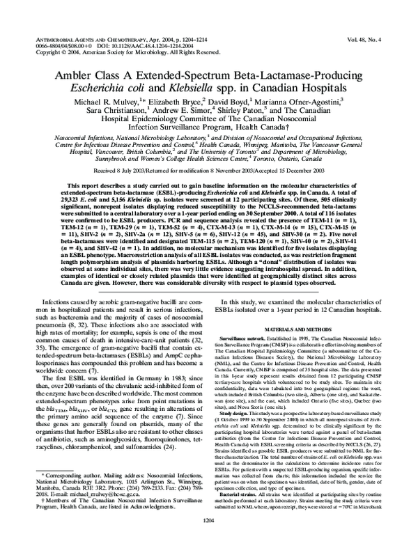(PDF) Ambler Class A Extended-Spectrum Beta-Lactamase-Producing Escherichia coli and Klebsiella ...