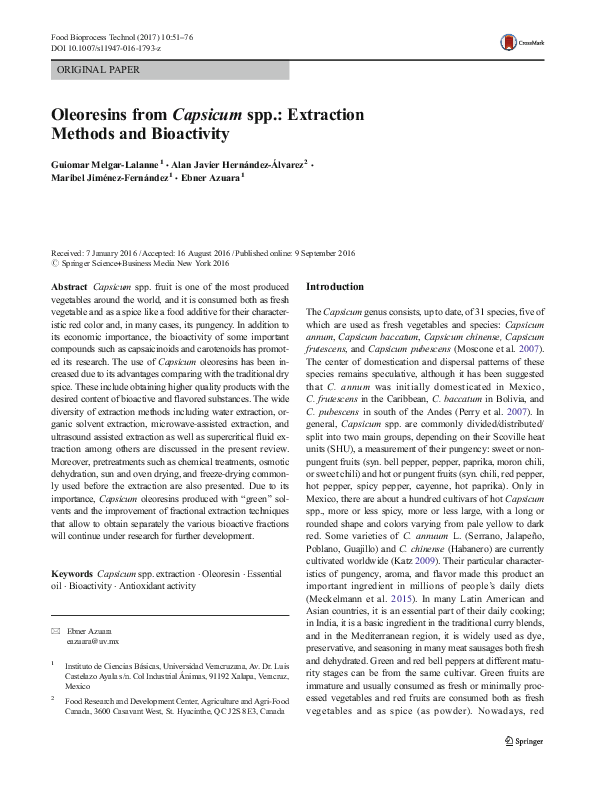 (PDF) Oleoresins from Capsicum spp.: Extraction Methods and Bioactivity