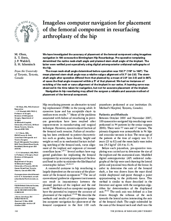 (PDF) Imageless computer navigation for placement of the femoral component in resurfacing ...