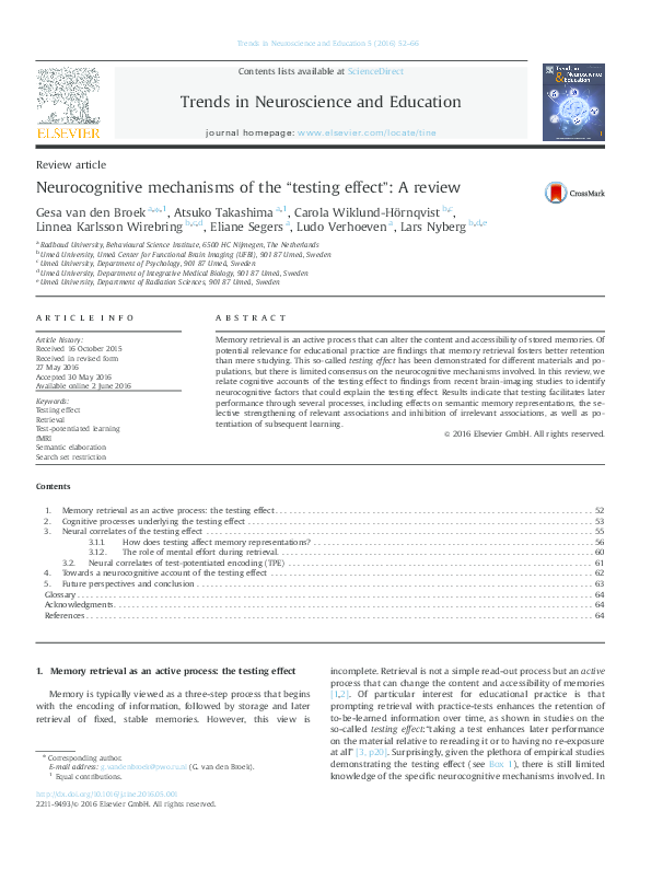 (PDF) Neurocognitive mechanisms of the " testing effect " : A review