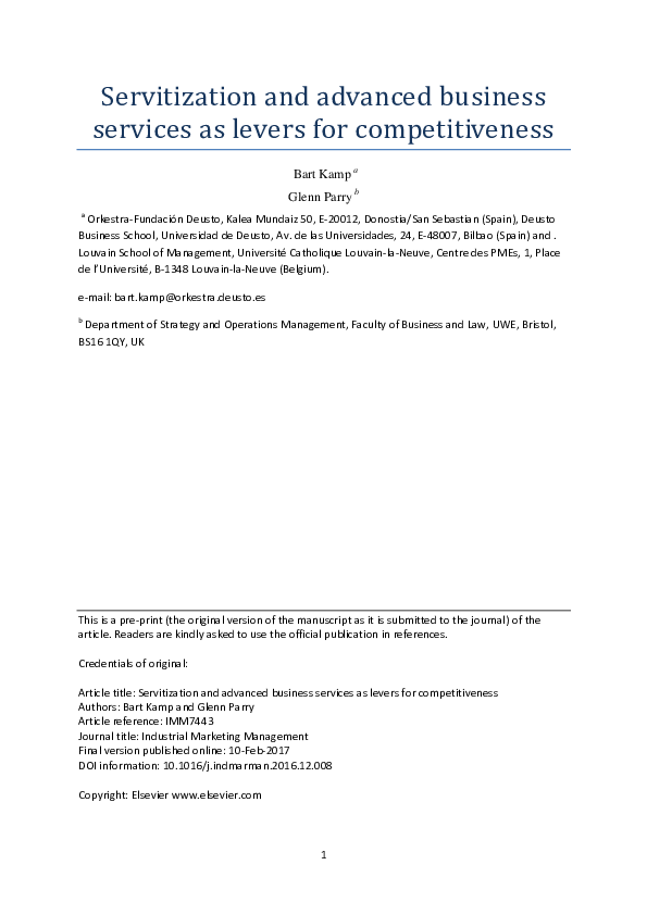 (PDF) Servitization and advanced business services as levers for ...