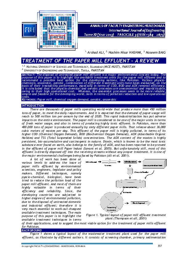 (PDF) TREATMENT OF THE PAPER MILL EFFLUENT – A REVIEW