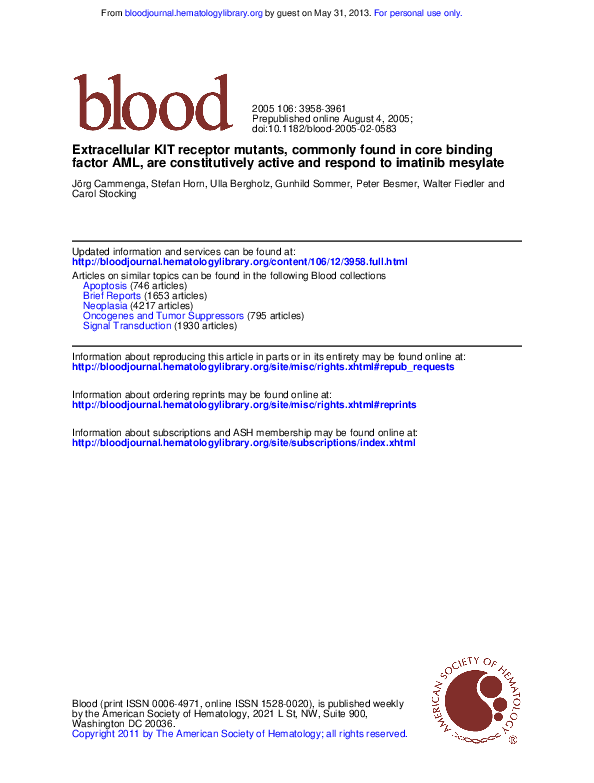 Pdf Extracellular Kit Receptor Mutants Commonly Found In Core Binding Factor Aml Are 