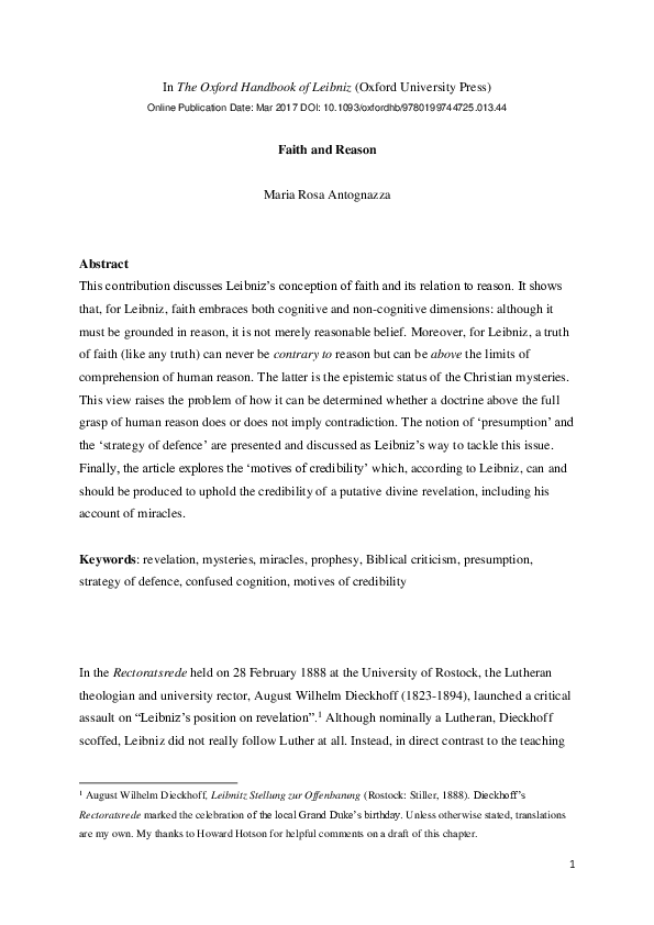 (PDF) Faith and Reason, in Oxford Handbook of Leibniz