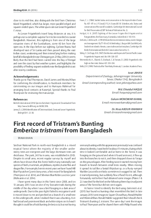 (PDF) First record of Tristram's Bunting Emberiza tristrami from Bangladesh
