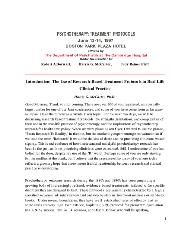 (DOC) PSYCHOTHERAPY: TREATMENT PROTOCOLS BOSTON PARK PLAZA HOTEL ...