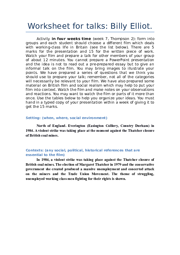 (DOC) Worksheet for talks: Billy Elliot