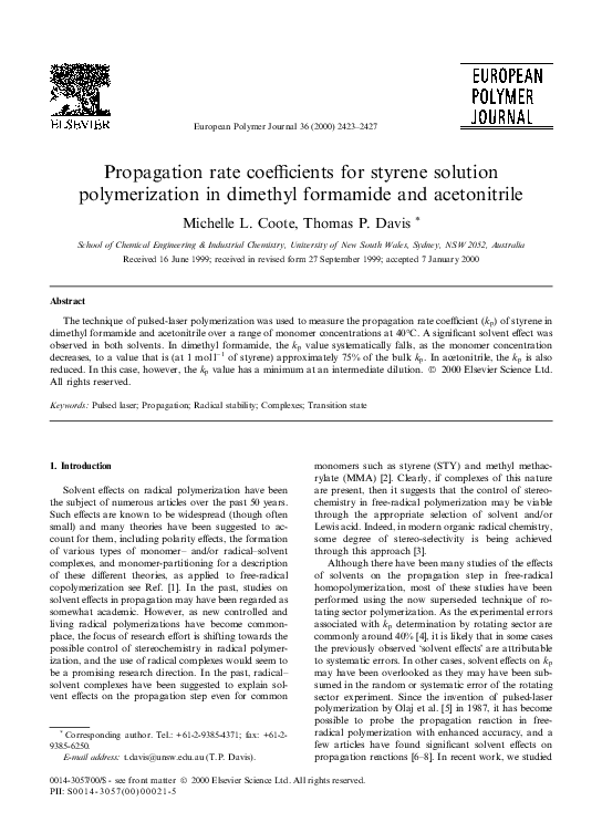 (PDF) Propagation rate coefficients for styrene solution polymerization ...