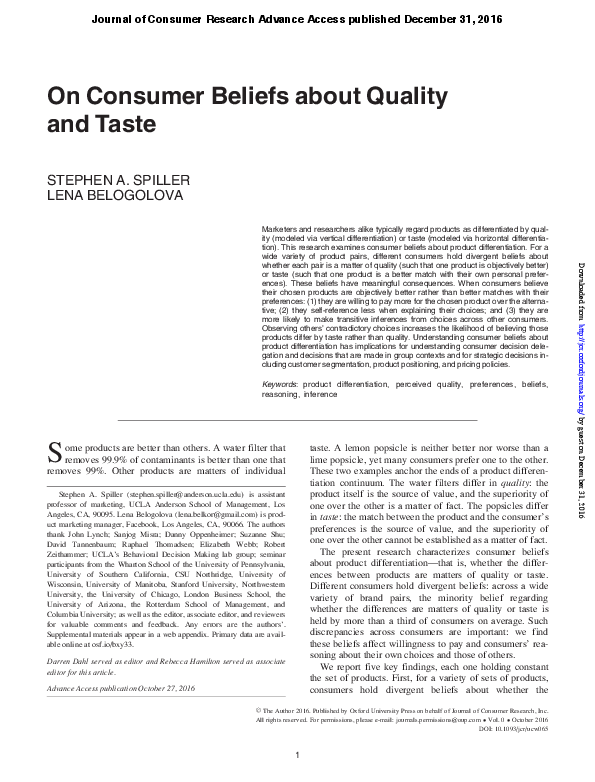 (PDF) On Consumer Beliefs about Quality and Taste