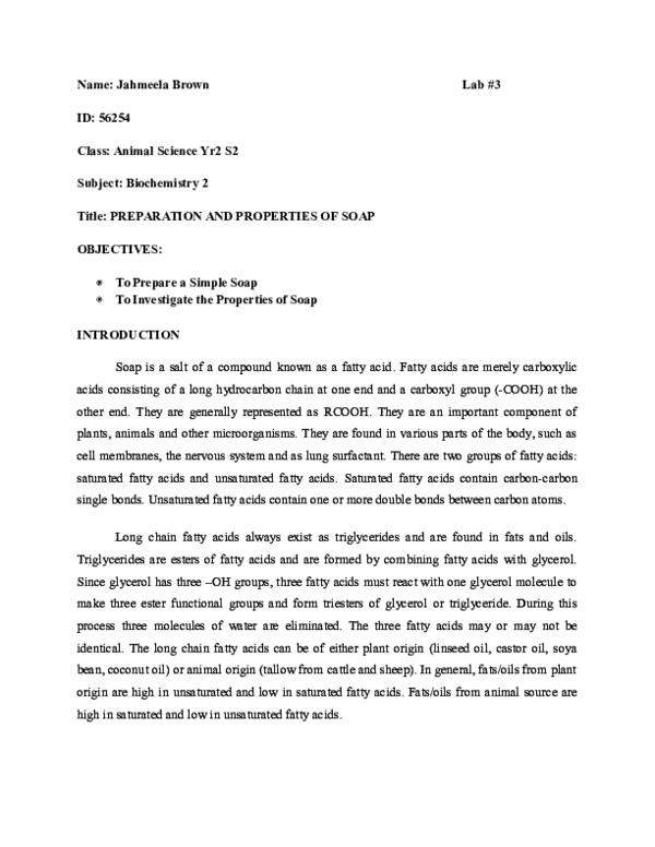 (DOC) Title: PREPARATION AND PROPERTIES OF SOAP