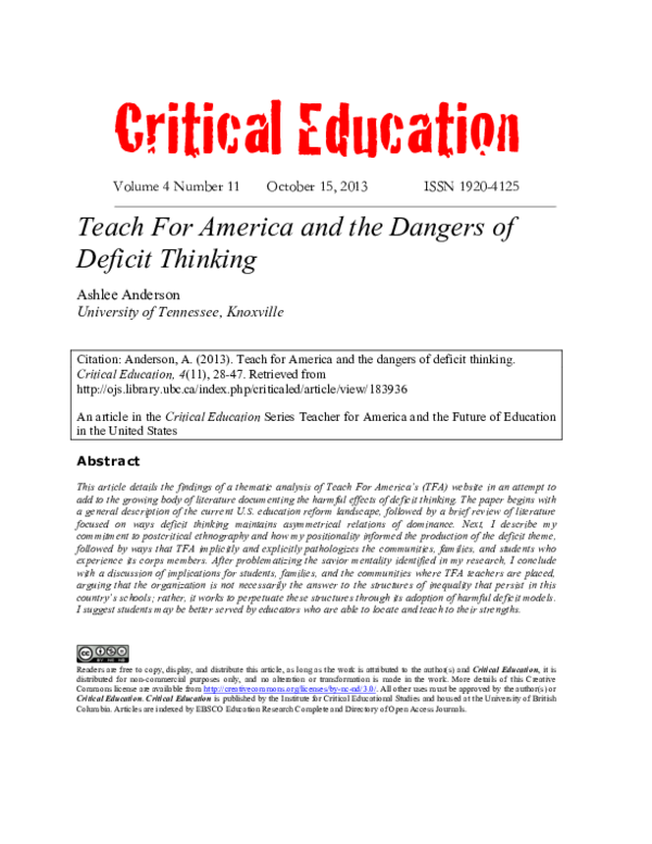 (PDF) Teach For America and the Dangers of Deficit Thinking