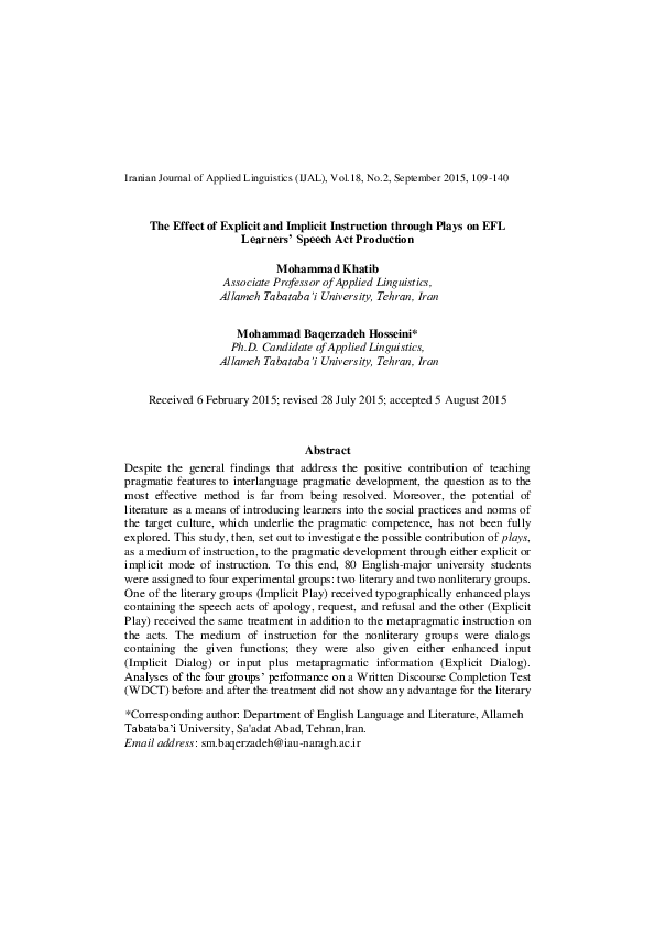Pdf The Effect Of Explicit And Implicit Instruction Through Plays On Efl Learners Speech Act