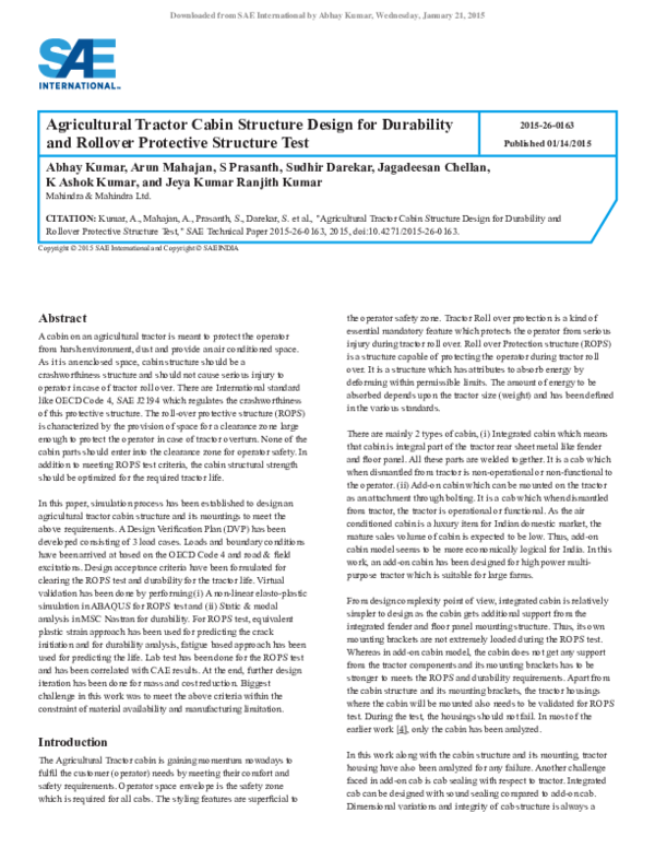 (PDF) Agricultural Tractor Cabin Structure Design for Durability and ...