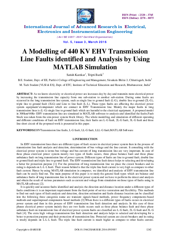 (PDF) A Modelling of 440 KV EHV Transmission Line Faults identified and Analysis by Using MATLAB ...