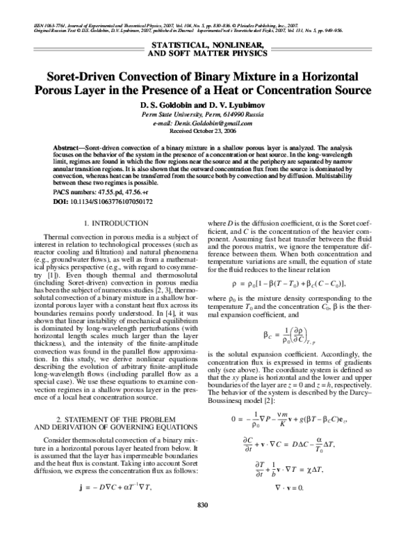 Pdf Soret Driven Convection Of Binary Mixture In A Horizontal Porous