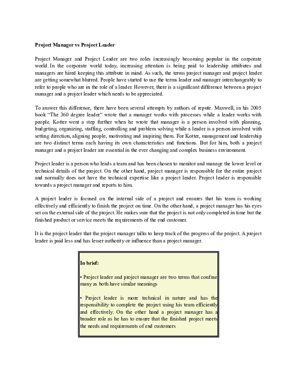 (DOC) Project Manager vs Project Leader